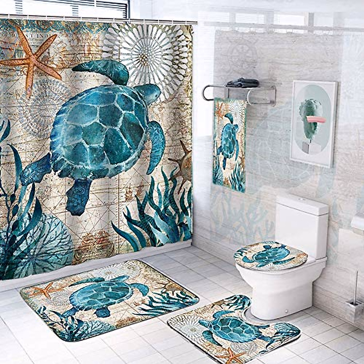 Nautical 5 Pcs Sea Turtle Shower Curtain Set with Rugs and Towels Include Non-Slip Rugs, Toilet Lid Cover and Bath Mat Ocean Waterproof Shower Curtain Sets with 12 Hooks