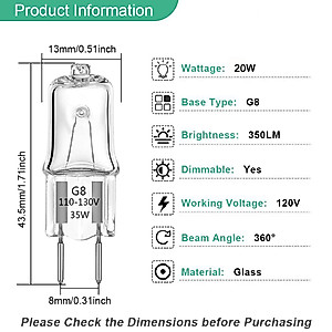 G8 Halogen Light Bulbs 20Watt 120Volt Halogen Bulbs Dimmable 2 Pin Xenon Bulb Warm White 2700K T4 JCD Type G8 Base Bi-Pin Shorter 1-3/8" (1.38") Length Under Cabinet Puck Lighting Replacements, 6Pack