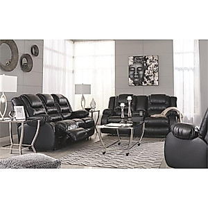 Signature Design by Ashley Vacherie Faux Leather Manual Pull-Tab Double Reclining Loveseat with Center Console, Black