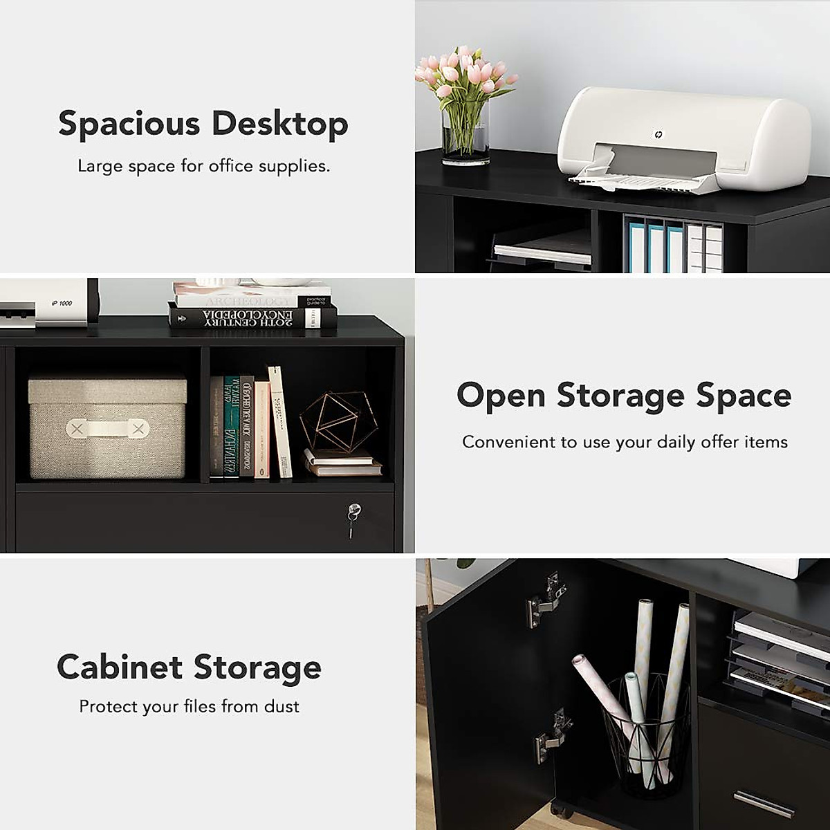 Tribesigns Large File Cabinet with Lock and Drawer, Modern Mobile Lateral Filing Cabinet Printer Stand Legal/Letter / A4 Size with Wheels and Storage Shelves for Home Office (Black)