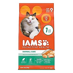 IAMS PROACTIVE HEALTH Adult Hairball Care Dry Cat Food with Chicken and Salmon Cat Kibble, 7 lb. Bag