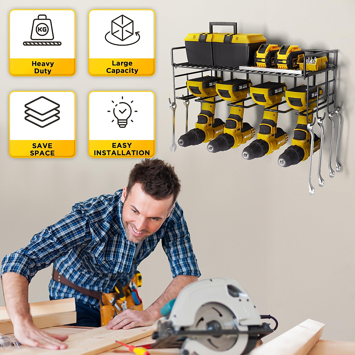 Voltigrip Power Tool Organizer Wall Mount- Heavy-Duty 2-Layers Tool Organizers and Storage for Garage and Workshop – Power Tool Holder, Drill Organizer & Power Tool Storage for Efficient Utility