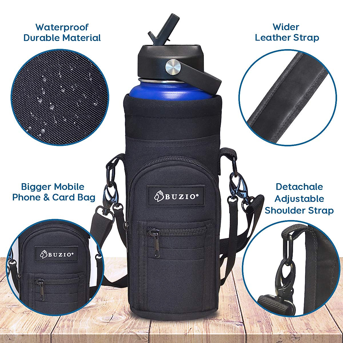 BUZIO Water Bottle Holder Carrying Pouch for 40 oz Bottles - Carry, Protect and Insulate Your Flask with This Military Grade Carrier an Adjustable Padded Shoulder Strap