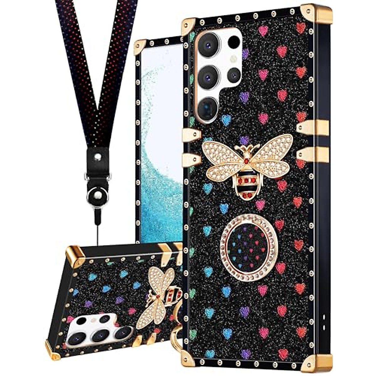 Loheckle for Samsung Galaxy S23 Ultra Case for Women, Designer Square Cases for Galaxy S23 Ultra Case with Ring Stand Holder and Lanyard, Stylish Bees Luxury Cover for Samsung S23 Ultra