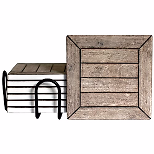 PANCHH Rustic Coasters for Drinks – Absorbent Ceramic Stone Wood Design Coasters with Holder, Housewarming Gift for Farmhouse Boho Scandinavian Rustic Vintage Minimalist Theme Home Décor Coaster Set