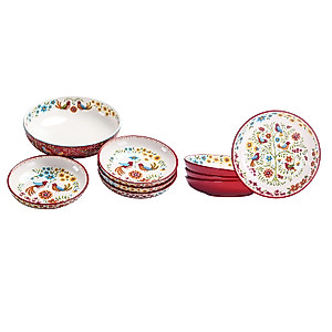 Bico Red Spring Bird Ceramic Pasta Bowl, Set of 9(1 unit 214oz, 8 units 35oz), for Pasta, Salad, Microwave & Dishwasher Safe