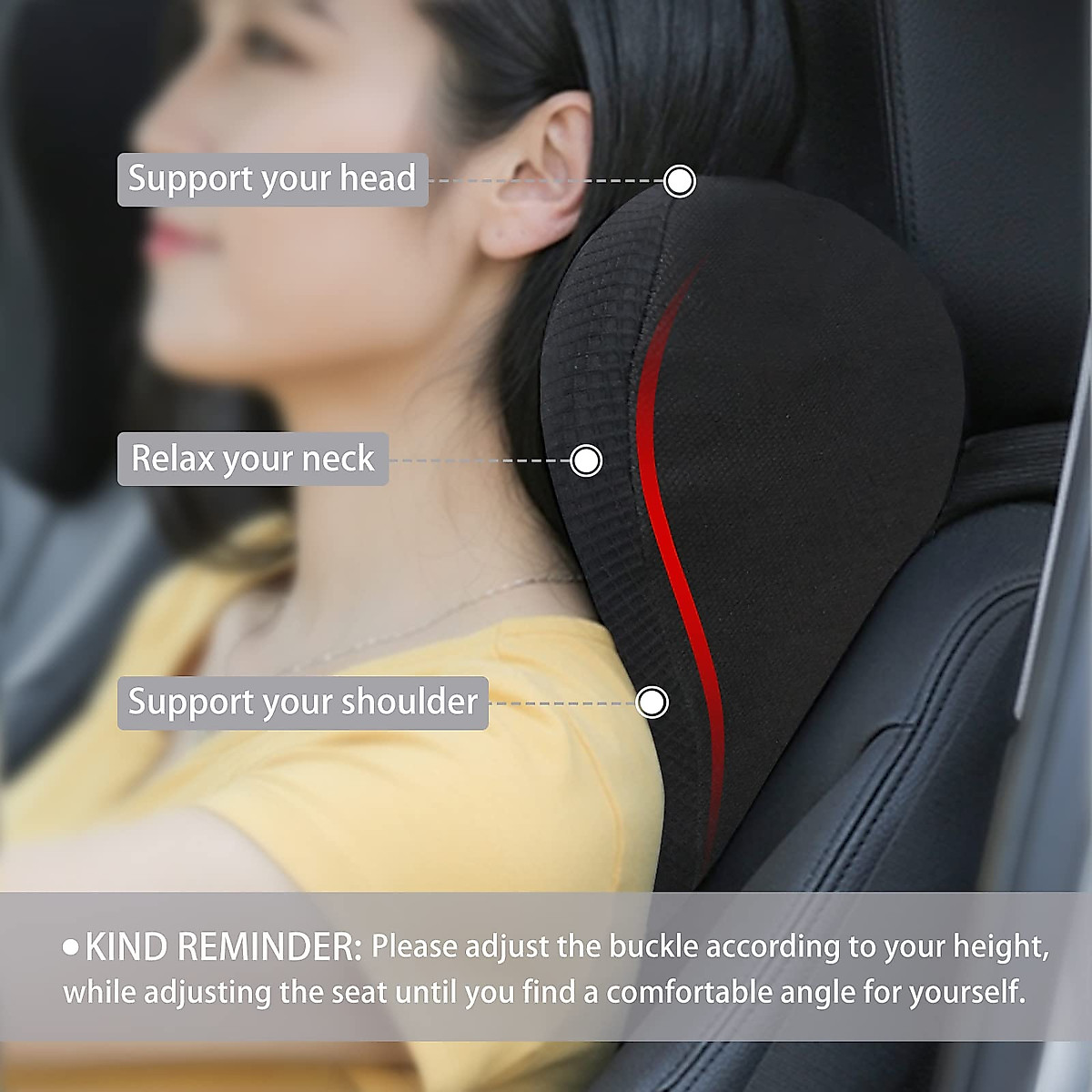 Super Soft Car Headrest Pillow, 100% Memory Foam Car Neck Pillow with Adjustable Strap & Breathable Removable Cover, Ergonomic Design - Travel Pillow Car Pillow for Neck/Back Pain Relief(Black, 1P)