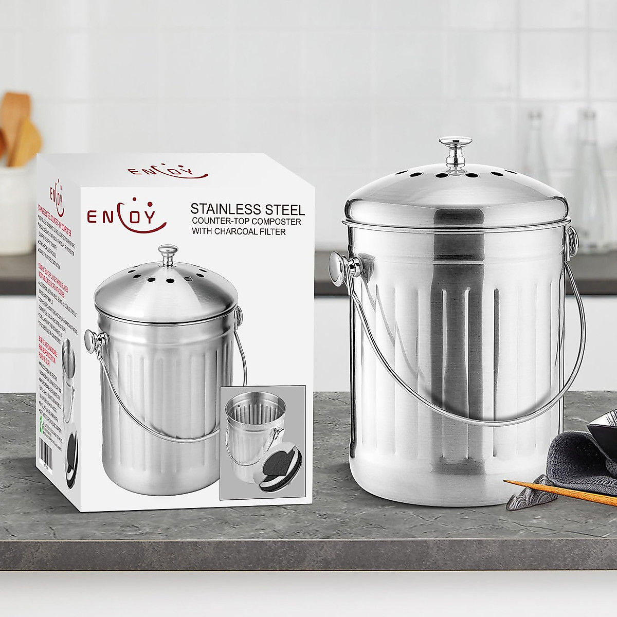 ENLOY Compost Bin, Stainless Steel Indoor Compost Bucket for Kitchen Countertop Odorless Compost Pail for Kitchen Food Waste with Carrying Handle 1.3 Gallon Easy to Clean