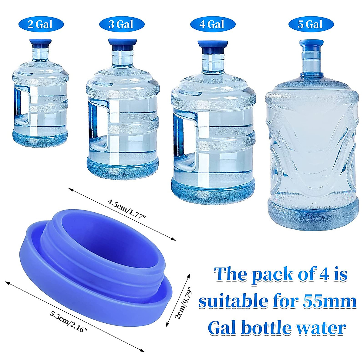 5 Gallon Water Bottle Caps Pack of 4, Silicone Replacement Caps for 5 Gallon Water Jug Reusable, No Spill 5 Gallon Water Jug Lids Leak Proof Fit 55mm Bottles