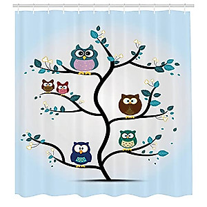 Ambesonne Owl Shower Curtain, Owl Family Perched a Tree Love Grace Nocturnal Eyed Night Animals in The Nature Print, Cloth Fabric Bathroom Decor Set with Hooks, 69" W x 84" L, Multicolor