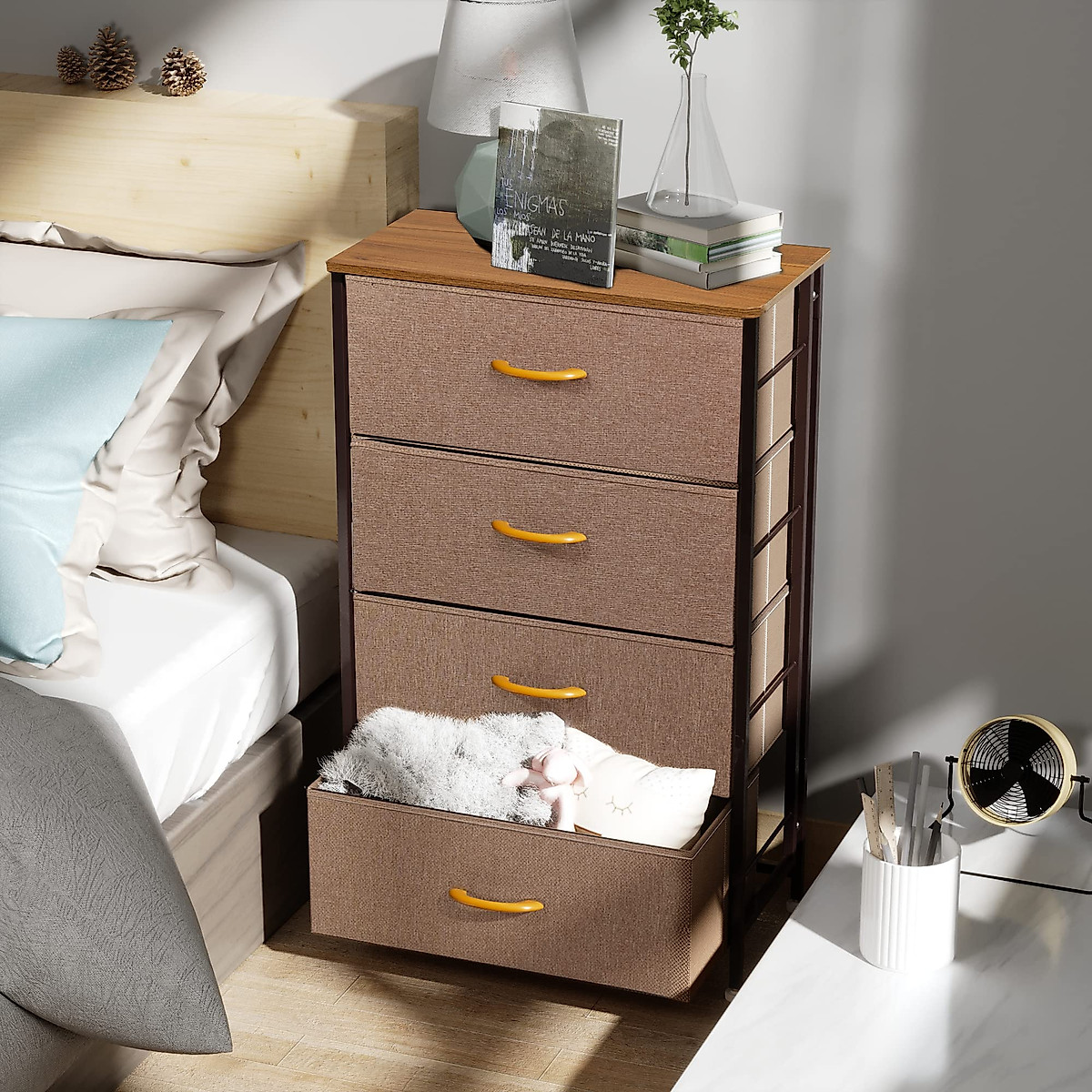WAYTRIM Dresser Storage Tower, 4 Fabric Organizer Drawers, Wide Chest of Drawers for Closet Boys & Girls Bedroom, Bedside Furniture, Steel Frame, Wood Top, Fabric Bins, Easy Installation (Brown)