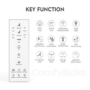 ComfyBidet Elongated Bidet Seat with Wireless Remote, Endless Warm Water and Air Dryer, Multiple Wash Modes, Deodorizer, Adjustable Self-Cleaning Nozzles, LED Light, Soft Close Lid (White)