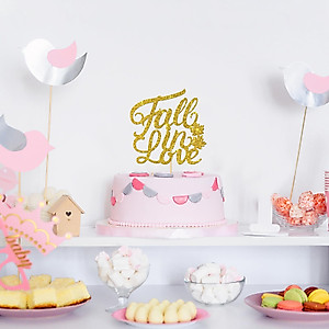 Gold Glitter Fall in Love Cake Topper - Fall Themed Wedding/Wedding Anniversary/Bridal Shower Party Decorations