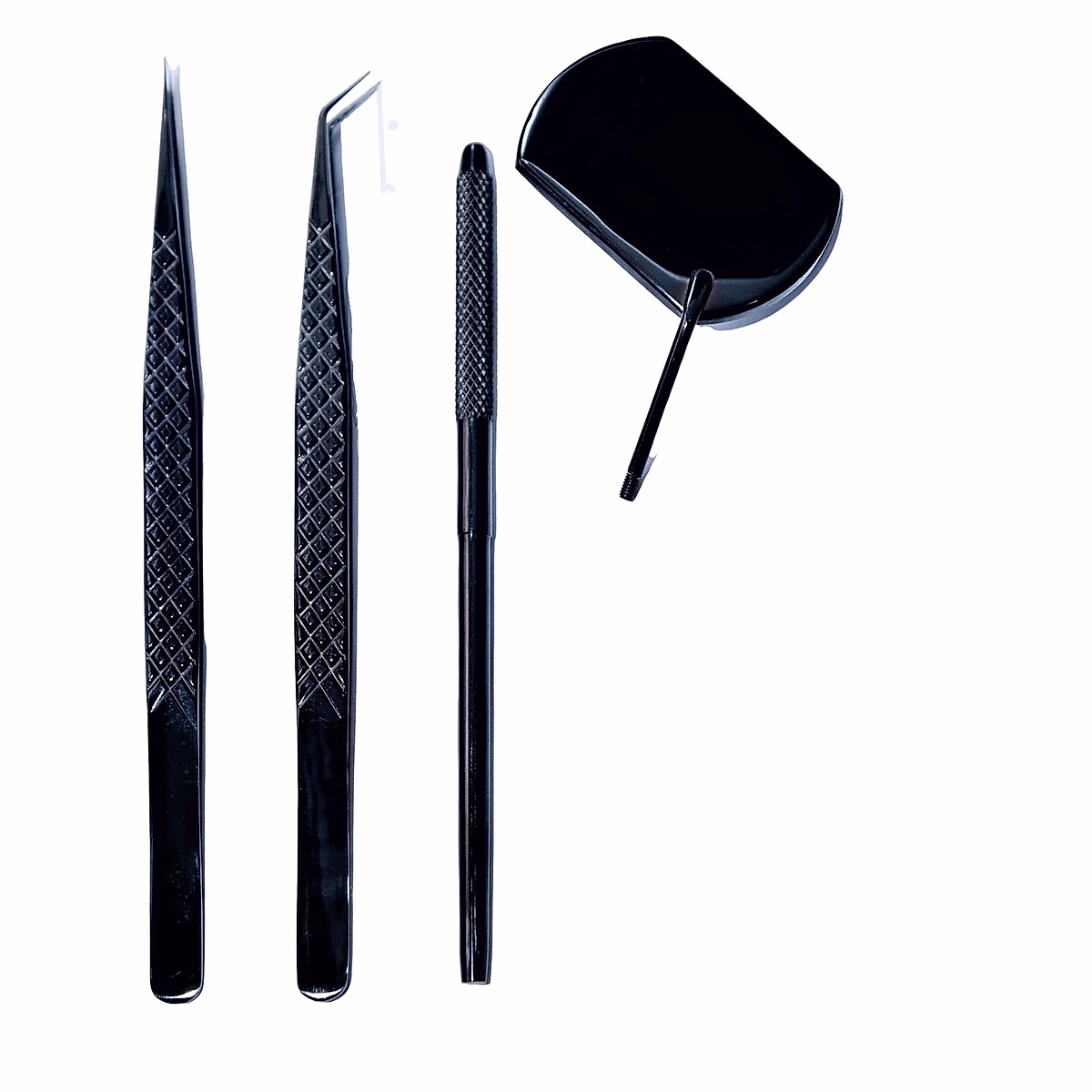 Lash Tweezers for Eyelash Extensions | Stainless Steel - Diamond Grip Straight & 45 Degree Volume | Tip with Free Mirror for Women, Makeup, Lashing, Fans Professional Tool Kit 14 cm Black