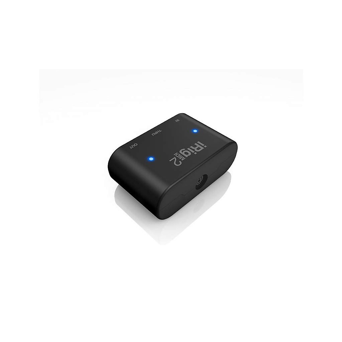 IK Multimedia iRig MIDI 2 universal MIDI interface with In, Out, and THRU ports, activity indicators for iPhone, iPad, Android, Mac, PC