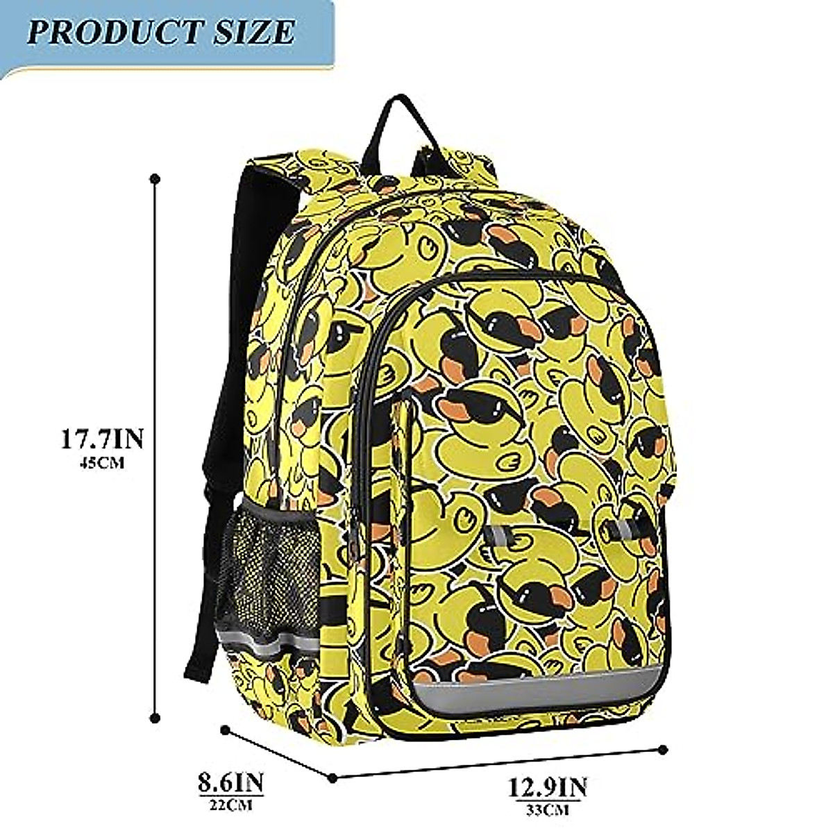 JHKKU Yellow Rubber Duck with Sunglasses School Backpack for Boys Girls Portable Wide Shoulder Strap Elementary School Bag Lightweight Travel Daypack with Reflective Strip