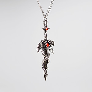 Dragons Wrapped Around Sword Medieval Renaissance Silver Finish Pendant Necklace