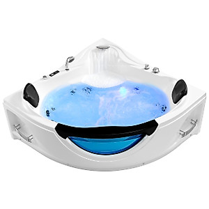 Empava Corner Whirlpool Bathtub with Heater,2 Person Jetted Tub with Light,Spa Hydromassage with Chromatherapy,Acrylic,59 in