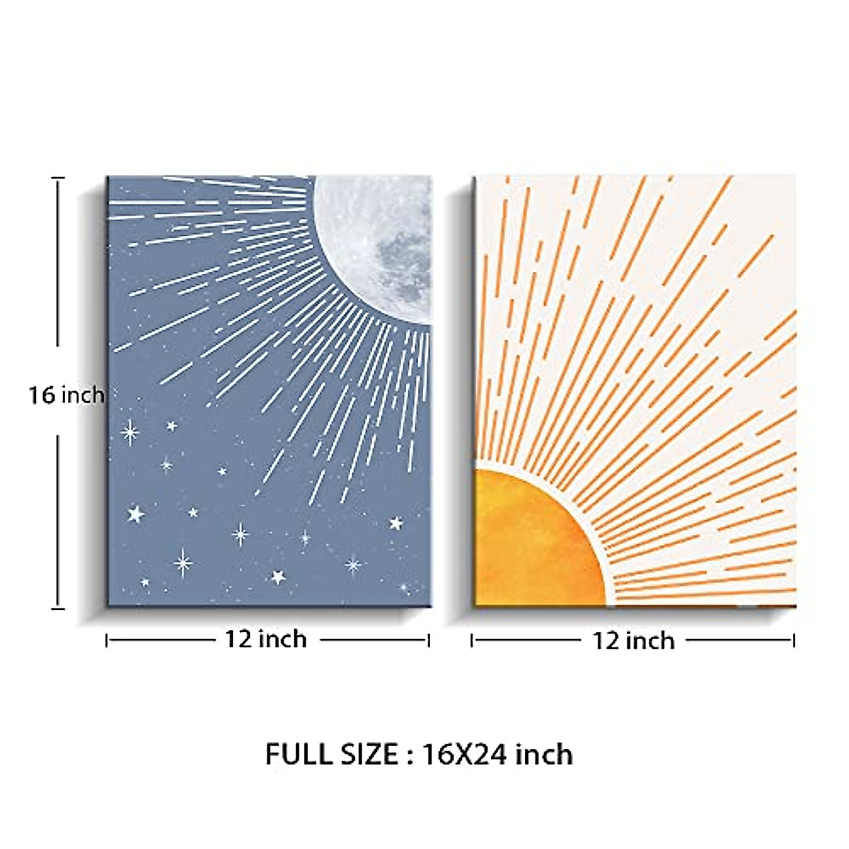 Creoate Boho Wall Decor Art 2 Pieces Sun and Moon Picture Canvas Print Framed Set Artwork for Minimalist Home Decor, Modern Boho Wall Art, 12x16 Inch x2pcs