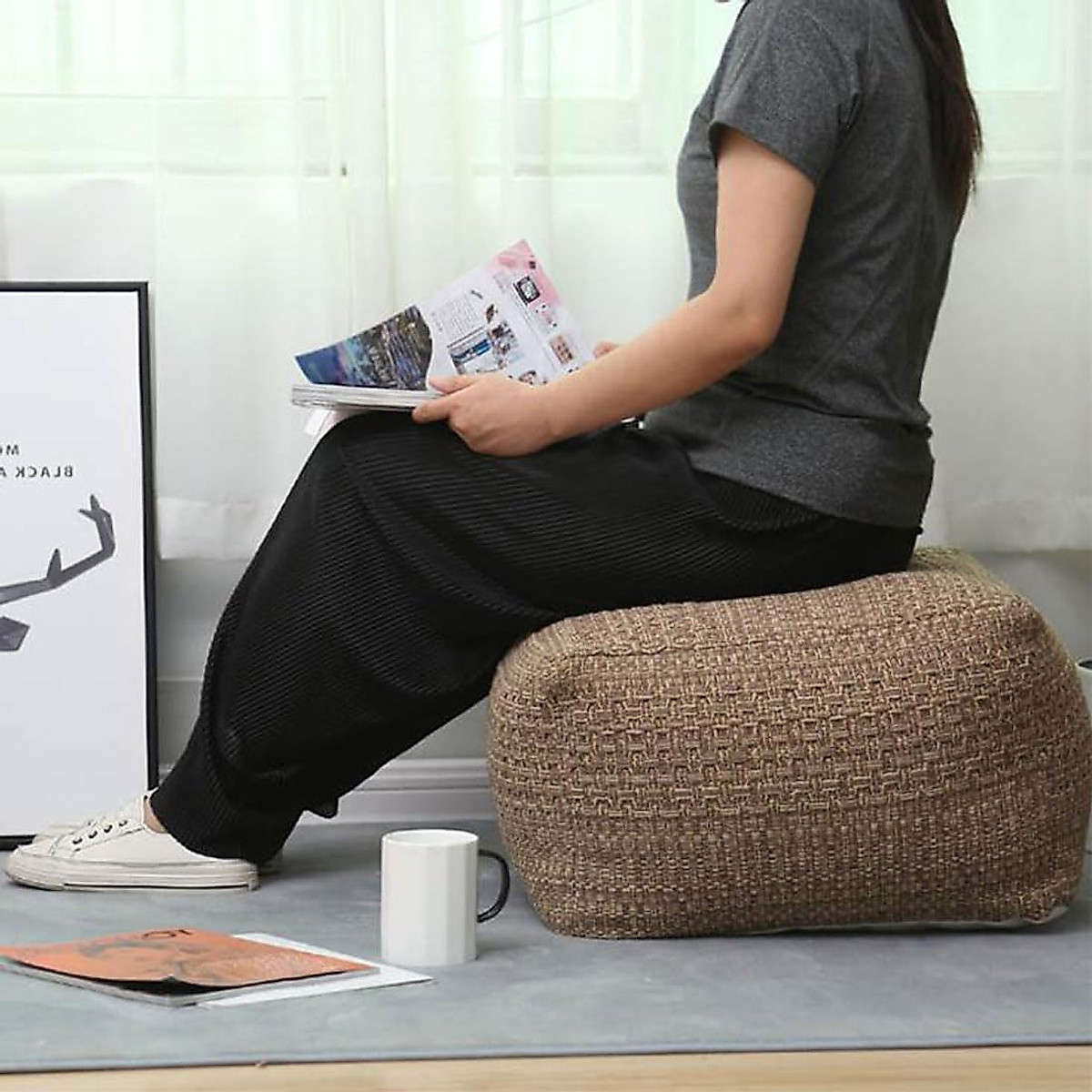 HEGZA Square Pouf Ottoman Cover, Soft Knitted Cotton Linen Cube Bean Bag Chair, Decorative Footrest, Casual Footstool, Storage Solution for Bedroom Living Room Brown