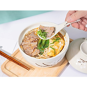 LLDAYU Japanese Creative Hand-Painted Ceramic Bowls with Soup Spoon, Large 27.5 OZ ramen bowls/Soup bowls,with Heat Preservation Function, and Suitable for Microwave Oven, and Dishwasher - Cyan Blue