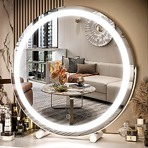 FENNIO 18 inch Large Vanity Mirror with Lights, Round LED Lighted Up Makeup Mirror, Large Makeup Mirror with Lights, Touch Screen with 3-Color Lighting Dimmable for Vanity Desk Tabletop, Bedroom