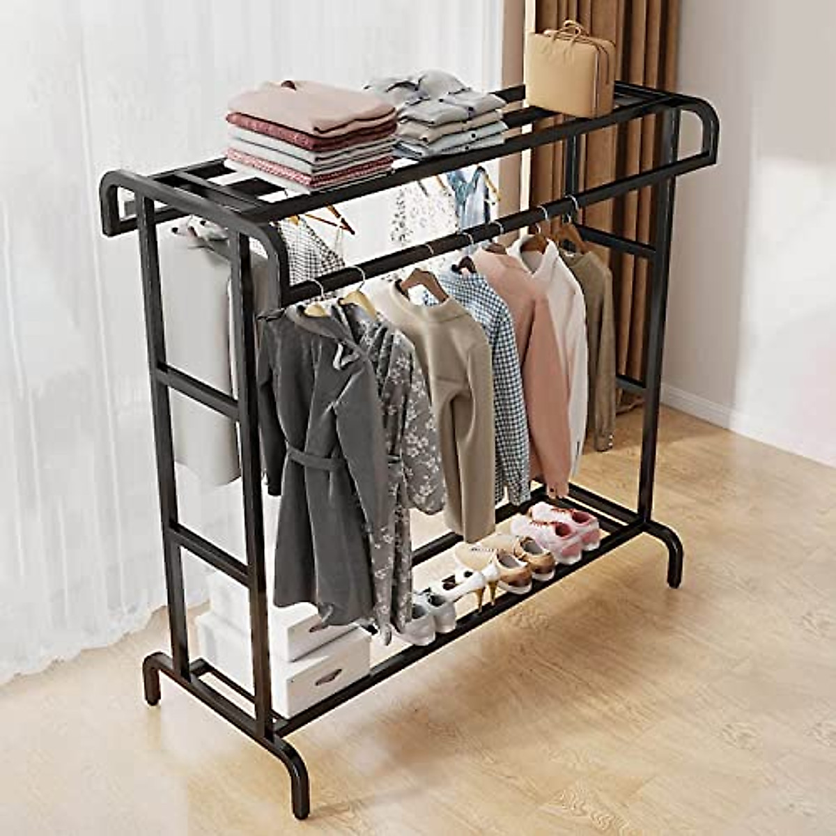 Double Rails Clothes Rack, Industrial Pipe Style Rolling Garment Rack, Heavy Duty Clothes Hanging Rack for Shop Home Office Laundry,Black,120 * 50 * 150cm