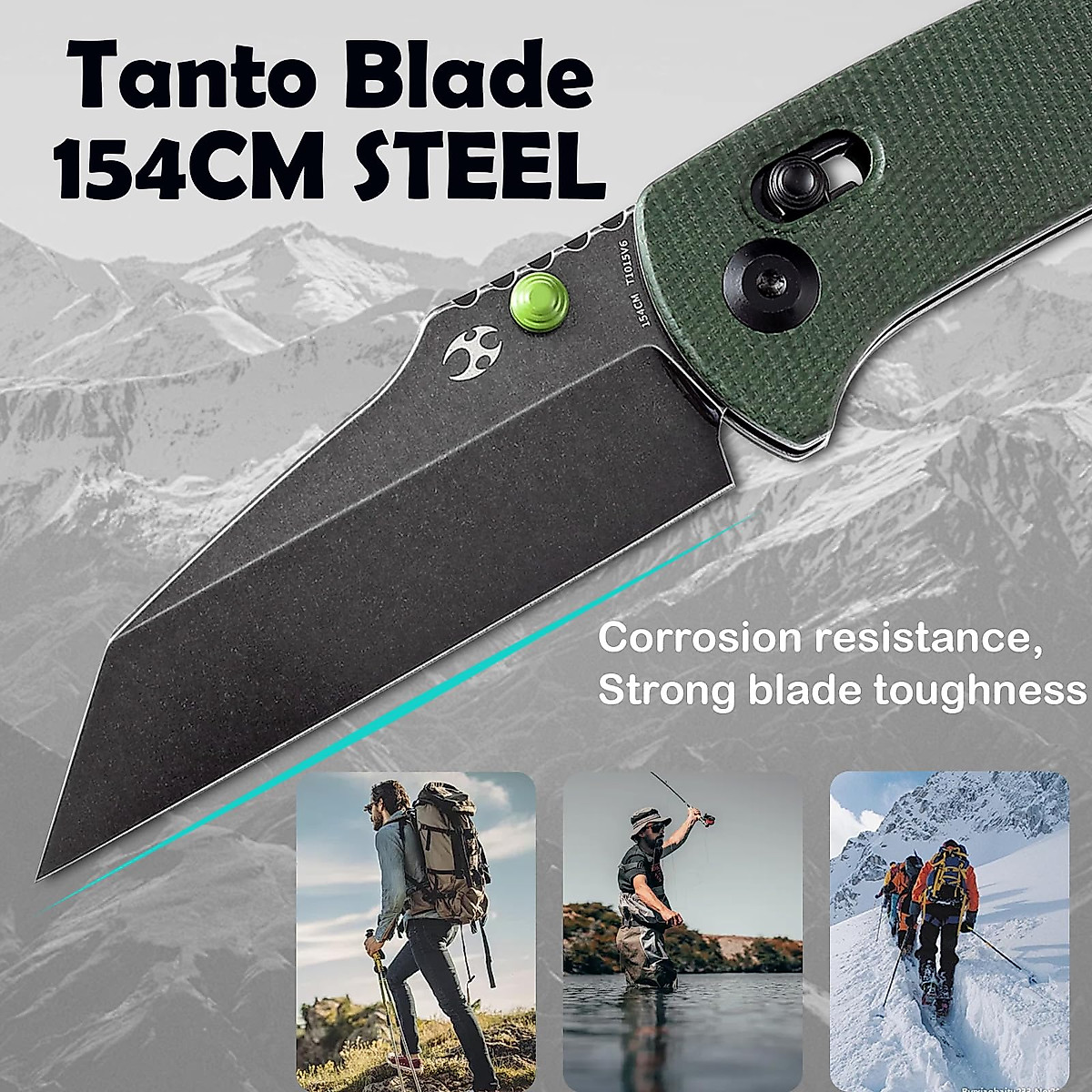 KANSEPT Main Street Pocket Knives 7.92in Axis Lock Folding Knife with 3.36in Black 154CM Material, Green Micarta Handle, Poclet Tactical Knife for Men,Easy Open Knives, Envelope Opener T1015V6