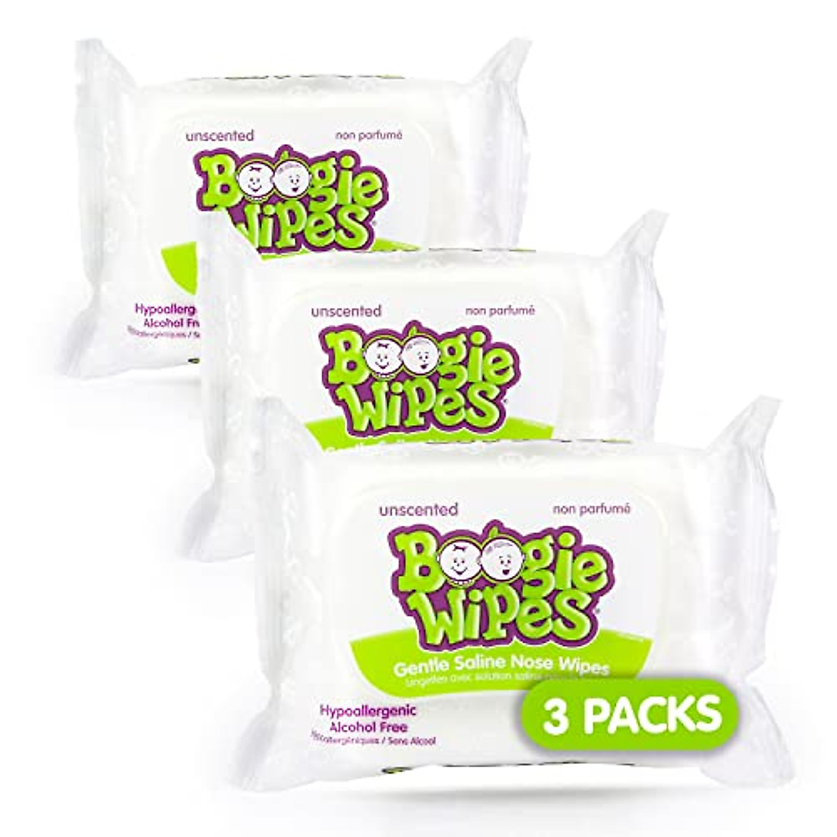 Baby Boogie Wipes, Made with Natural Saline for Stuffy Noses, Unscented, 30 Wipes (Pack of 3)