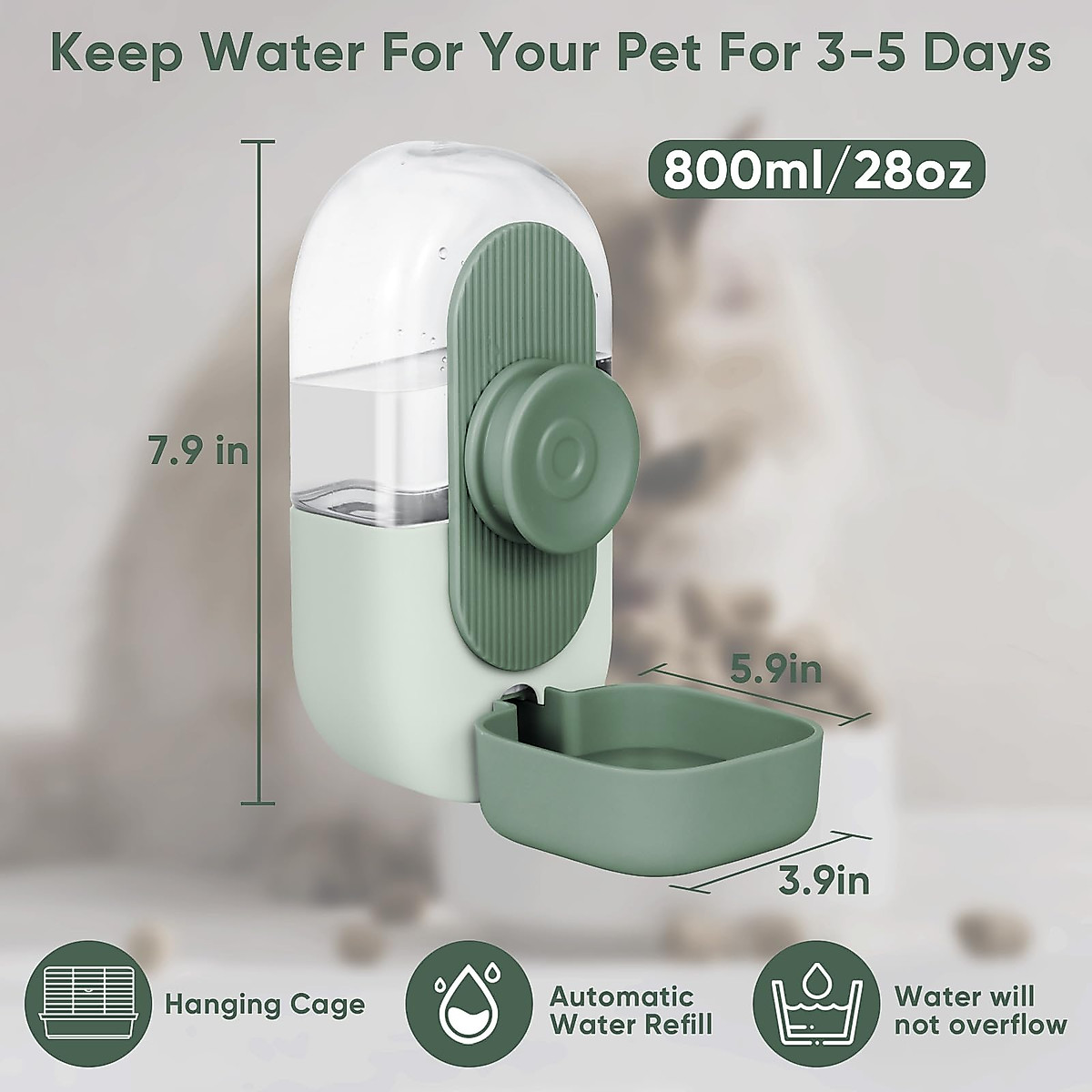 Lemtrflo 28oz Rabbit Water Bottle,Hanging Automatic Water Dispenser for Cage,Ferret Bunny Guinea Pig Water Bowl,Suitable for Small Animal(Cage Grid Spacing Over 1.2'')(Green)