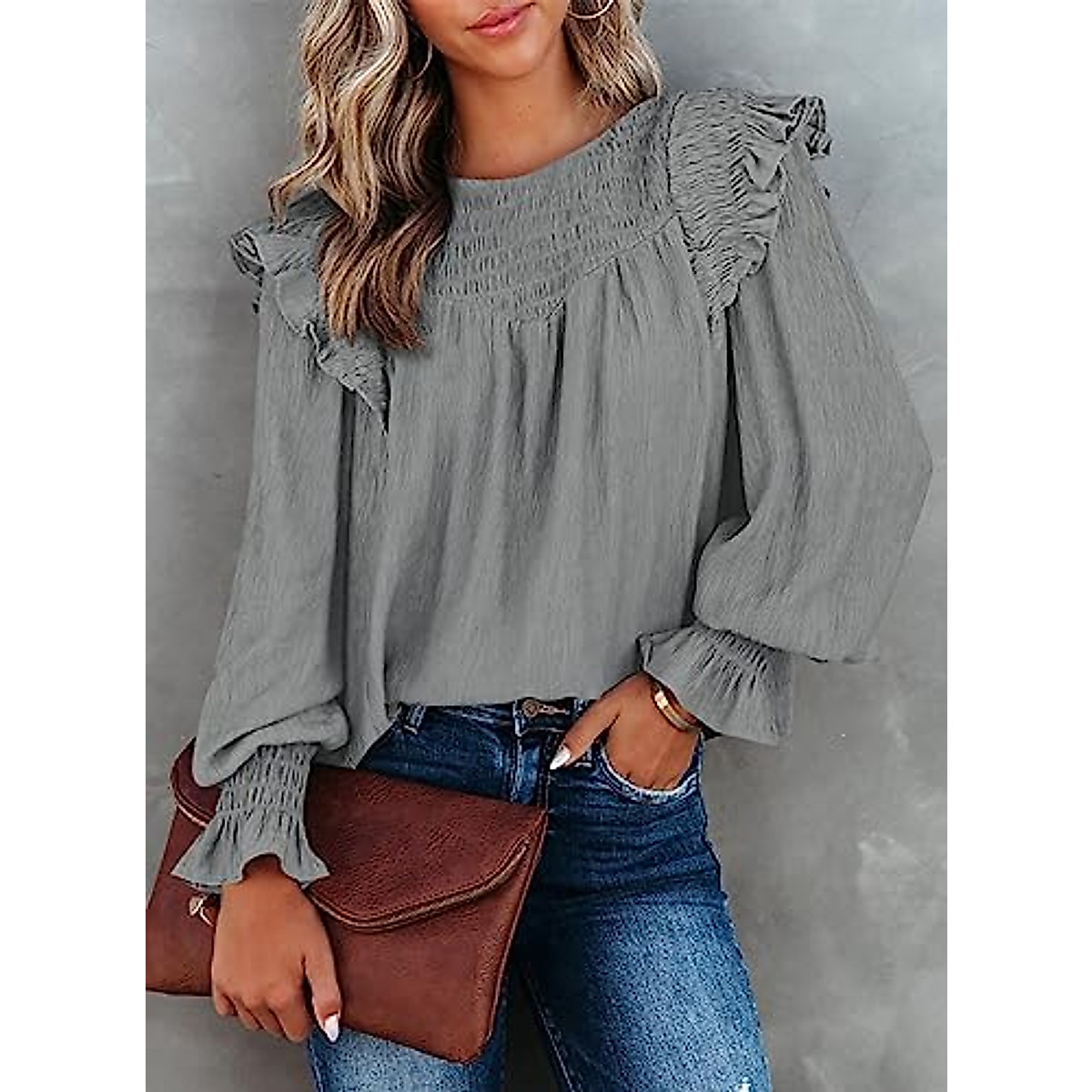 Dokotoo Womens Ladies Ballon Long Sleeve Tops Fall 2023 Crewneck Smocked Cuffs Stylish Ruffle Solid Color Fashion Tops Casual Loose Office Work Shirts Blouses for Women Gray L
