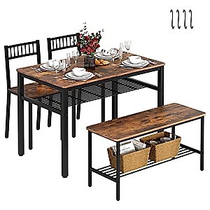 Bigbiglife Dining Table Set for 4, Kitchen Table with 2 Chairs and 1 Bench, Dining Table Set with 2 Storage Racks and 4 S-Hooks, Industrial Design for Small Space Home Kitchen, Rustic Brown