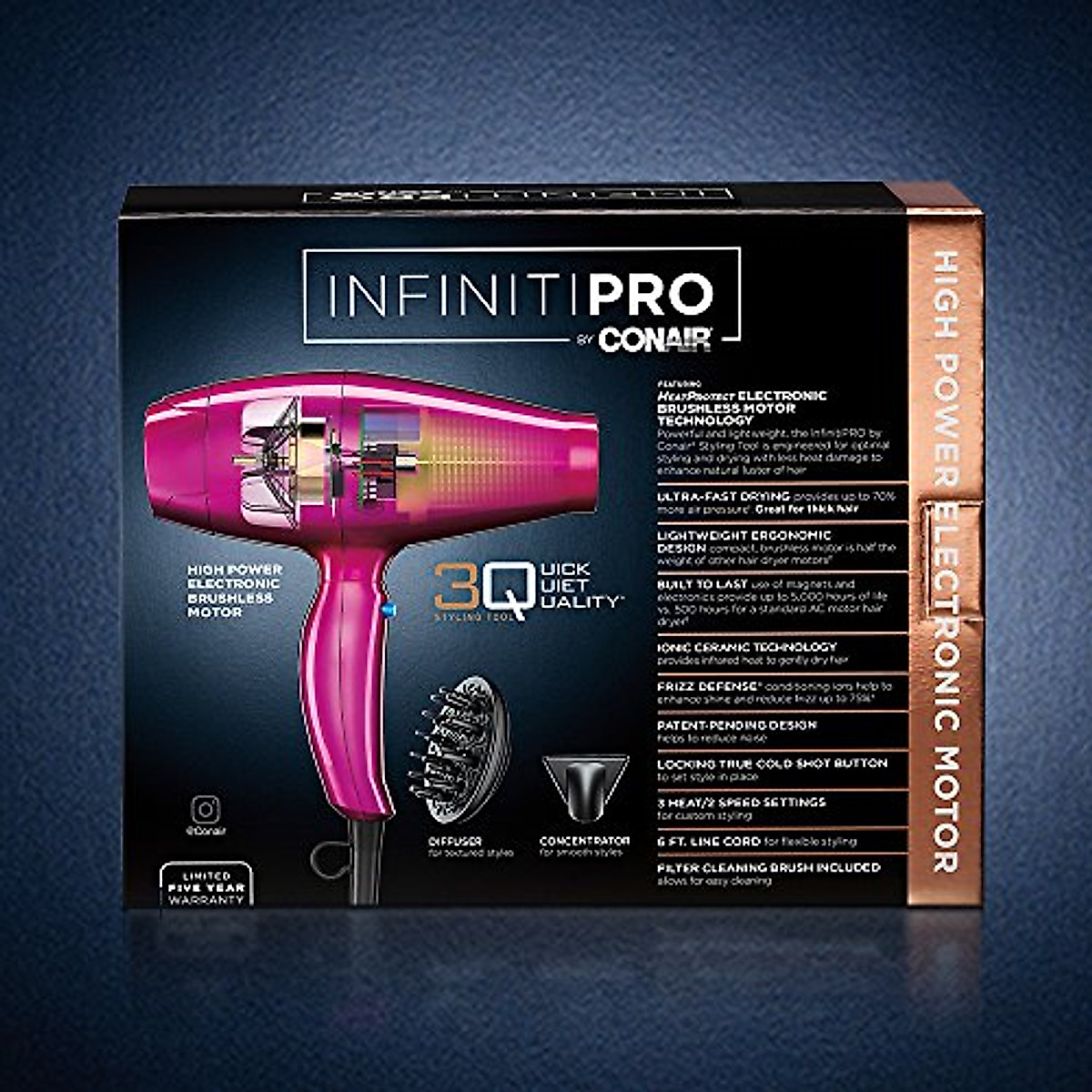 INFINITIPRO BY CONAIR 3Q Compact Electronic Brushless Motor Styling Tool/Hair Dryer, Pink