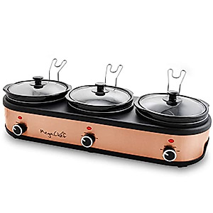 Megachef Triple 2.5 Quart Slow Cooker and Buffet Server in Brushed Copper and Black Finish with 3 Ceramic Cooking Pots and Removable Lid Rests