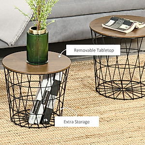 HOMCOM End Tables Set of 2, Nesting Tables with Storage, Round Accent Side Tables with Removable Top for Living Room, Black/Brown