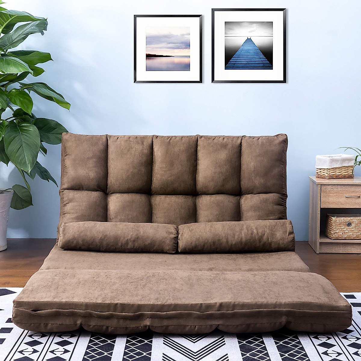 Merax Floor Sofa, Foldable Lazy Sofa Sleeper Bed with 2 Pillows, Adjustable Lounge Sofa Gaming Sofa Floor Couches 5-Position for Bedroom, Living Room, and Balcony, Brown