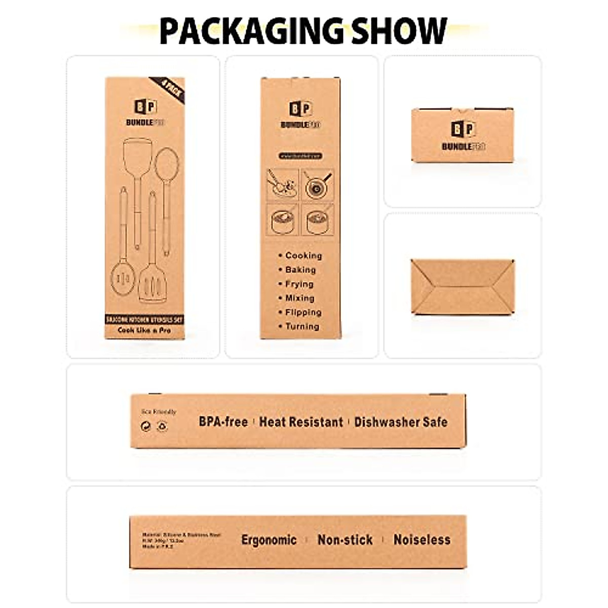 Pack of 4 Silicone Cooking Utensils Set, Non Stick Large Solid Spatulas, Heat Resistant Black Slotted Spoons, Ideal BPA Free Kitchen Turners for Frying, Mixing,Serving,Draining,Turning,Stirring