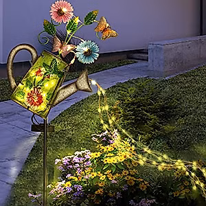 Solar Outdoor Watering Can Lights-Hummingbird Decorative Path Lights, Metal Glass Solar Powered Garden Waterfall Decor Ornament for Yard Lighting Outside