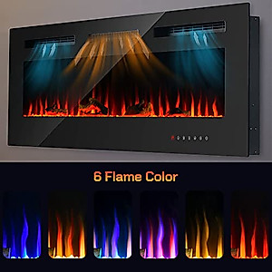 Uthfy 50" Electric Fireplace,1500W Recessed & Wall Mounted Fireplace Heater & Linear Fireplace,6 Flame Colors & 9 Ember Bed Colors,Remote Control,8H Timer,Adjustable Thermostat, Black (HY-HW50)