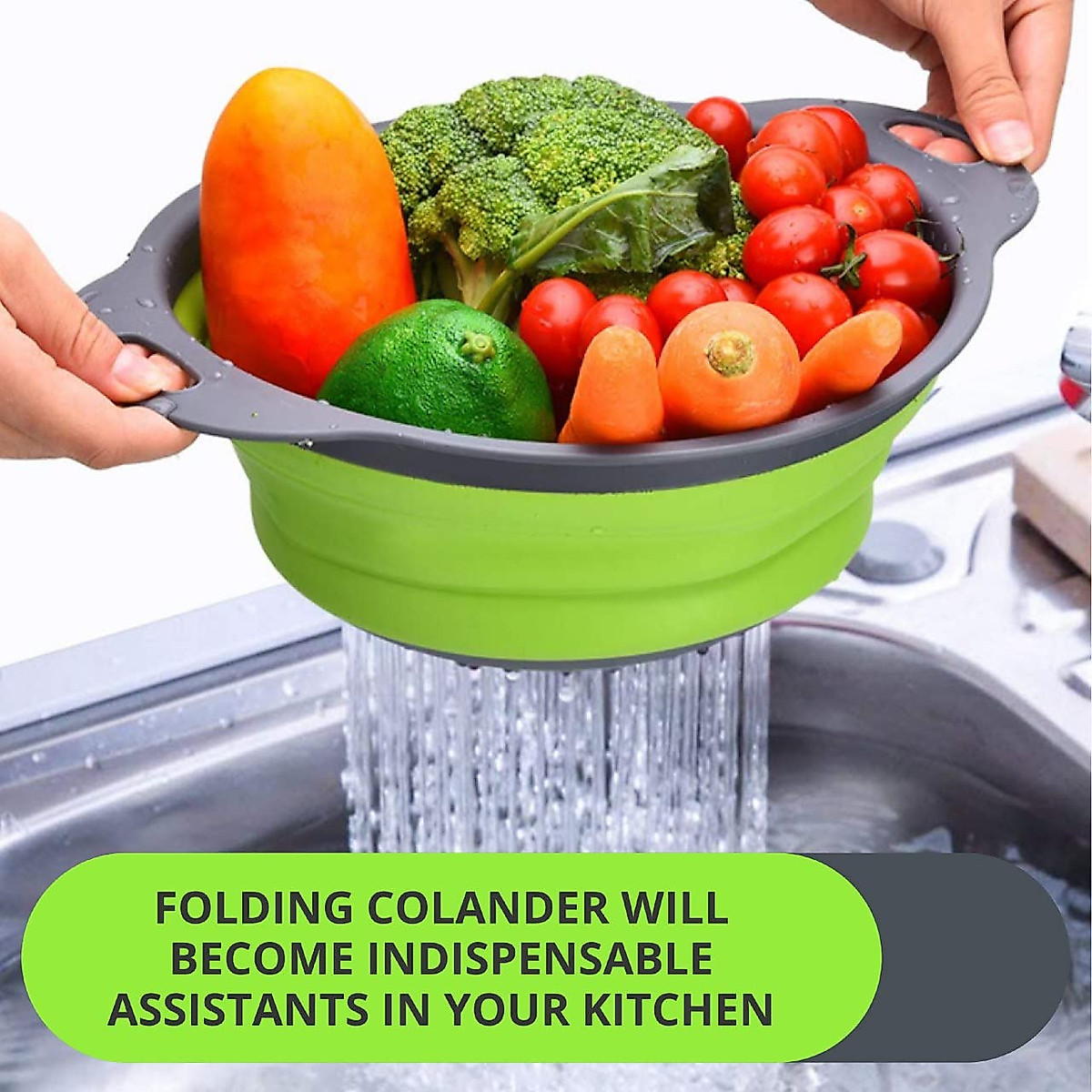 Collapsible Colander with Plastic Handles Round Silicone Kitchen Strainers Foldable Kitchen Strainer Perfect for Draining Pasta Vegetable and Fruit Green