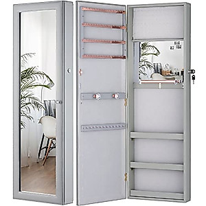 LUXFURNI Jewelry Armoire Organizer, Wall/Door Mounted Cabinet with Full Length Mirror (Grey)