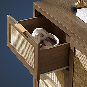 OAKHAM HOME Kitchen Storage Cabinets, Buffet Cabinet with Storage Rattan Sideboard Cabinet Organizer 3 Drawers and 2 Doors Accent Console Table for Kitchen Hallway Living Room bar (Special Walnut)