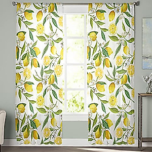 AMZRicher Lemon Sheer Curtains 72 Inch Length 2 Panels Set, Summer Garden Fruit Lemon Slice and Leaves Semi Transparent Voile Rod Pocket Curtains for Living Dining Room Bedroom Drapes