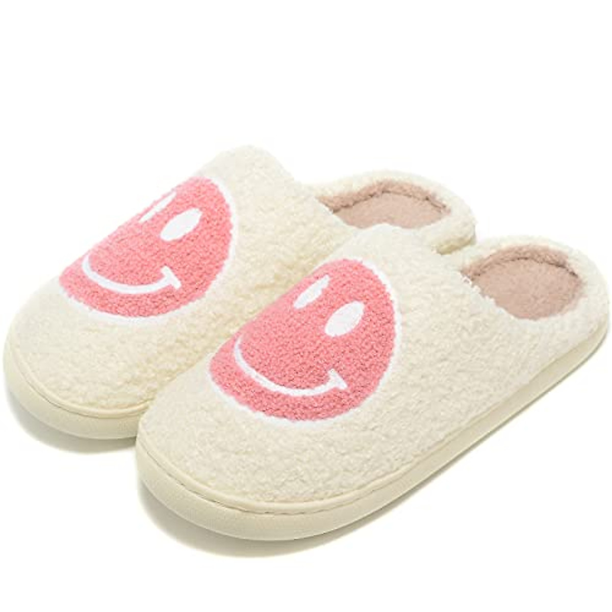 Retro Fuzzy Face Slippers for Women Men, Retro Soft Fluffy Warm Home Non-Slip Couple Style Casual Smiley Face Slippers Indoor Outdoor Anti-Skid Warm Cozy Foam Slide Fuzzy Slides with Soft Memory Foam Shoes