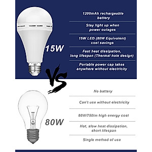 Mudder 12 Pcs 15W Rechargeable Emergency LED Bulb Battery Backup Emergency Light 1200mAh Battery Operated Light Bulb for Power Outage Home Outdoor Activity Camping Hurricane, 7000K Daylight, E27 Base