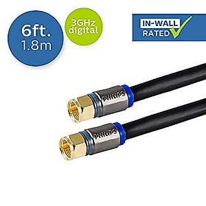 Philips RG6 Quad Shield Coaxial Cable, 6 ft. in-Wall Rated, Ideal for TV Antenna DVR Satellite Cable, F-Type Connectors, 3 Ghz Digital, Black, SWX9444B/27