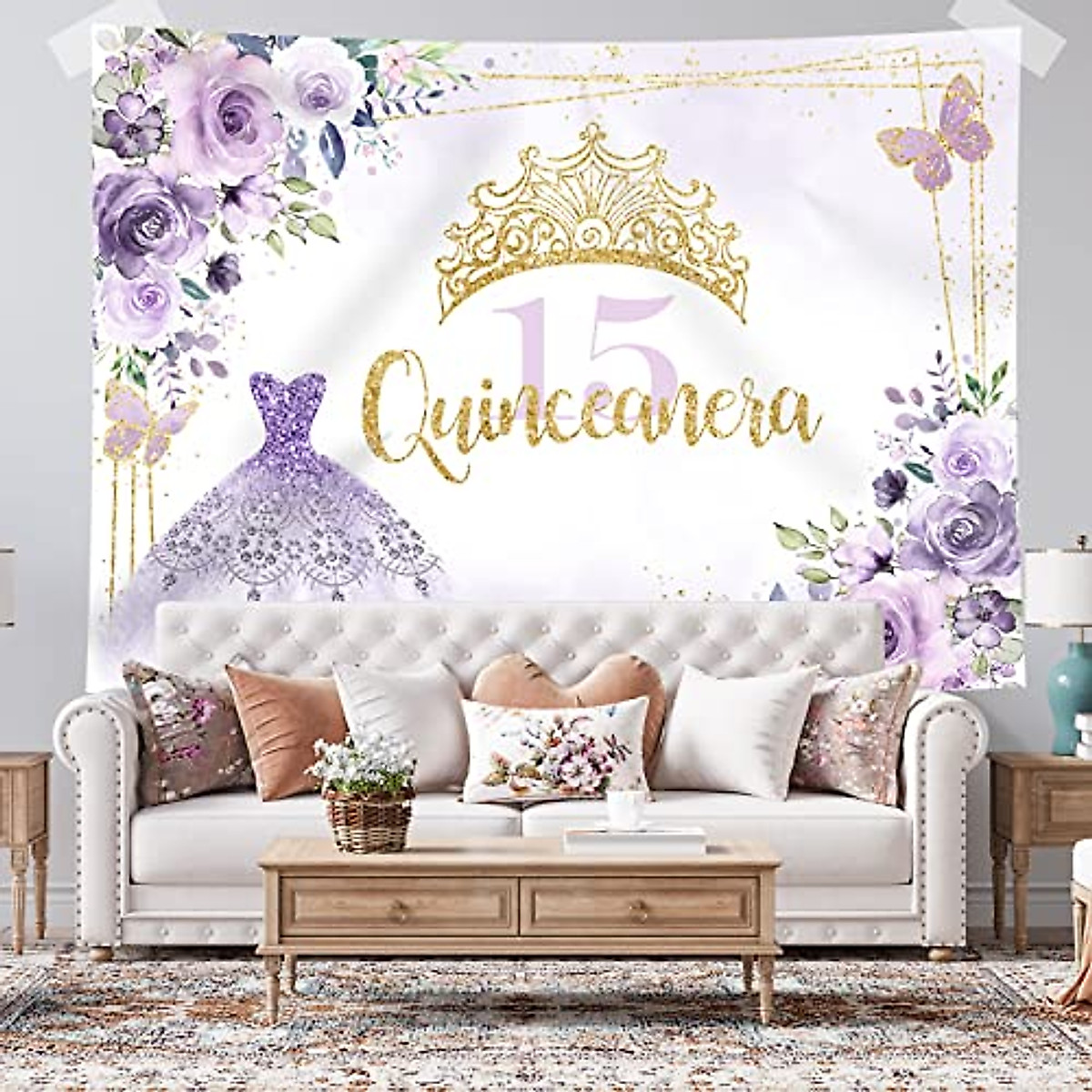 Rsuuinu Quinceañera 15th Birthday Backdrop Purple Floral Rose Gold Spots Photography Background Mexico Flower Fifteen Crown Princess Birthday Party Decorations Banner Supplies Photo Booth Props 7x5ft