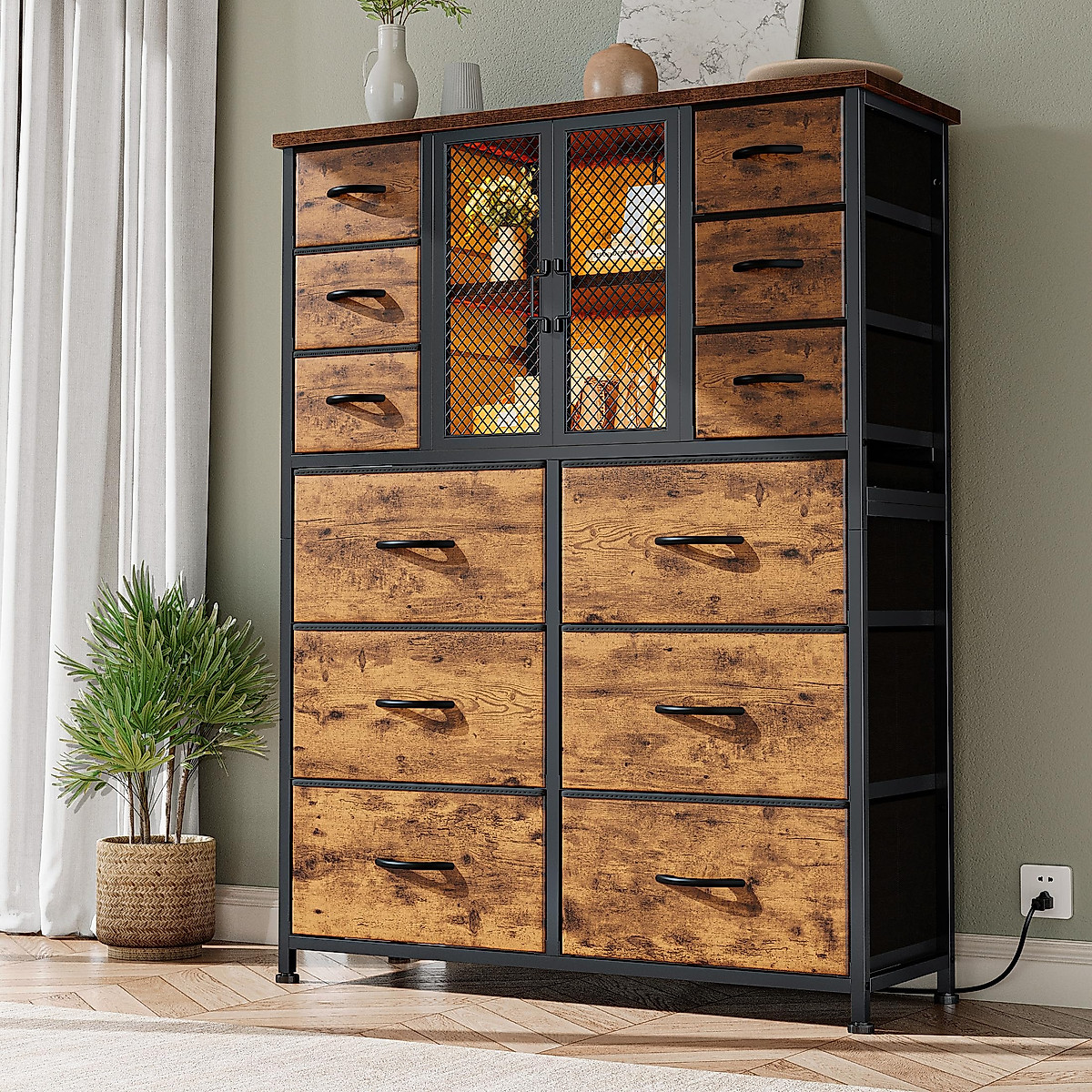 EnHomee Tall Dresser for Bedroom with 12 Drawer Dressers & Chests of Drawers for Closet with Power Outlets & LED Lights Large Dresser Organizer for Bedroom with Mesh Door, Rustic Brown
