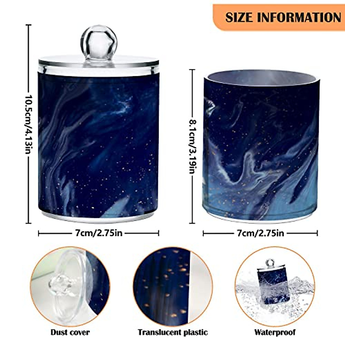 2 Pack Qtip Holder Organizer Dispenser Beautiful Navy Blue Marble Bathroom Storage Canister Cotton Ball Holder Bathroom Containers for Cotton Swabs/Pads/Floss