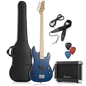 Davison Guitars Full Size Electric Bass Guitar with 15-Watt Amp, Blue - 4 String Right Handed Beginner Kit with Gig Bag and Accessories